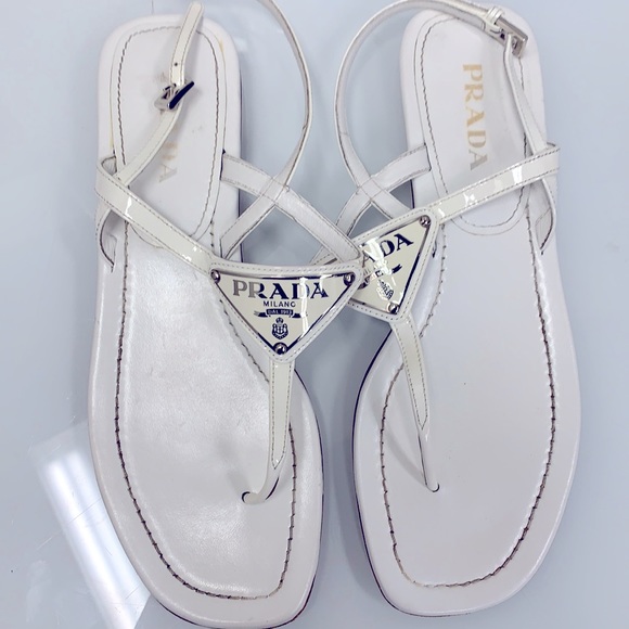 Prada | Shoes | Prada Logo White Plaque Leather Thong Sandals | Poshmark